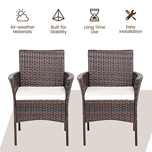 RELAX4LIFE Patio Dining Chairs Set of 2 PCS Wicker Armchairs with Comfortable Cushions for Deck, Garden, Lawn, Balcony, Backyard and Poolside Outdoor PE Rattan Fire Pit Chairs (2, Brown+Beige)