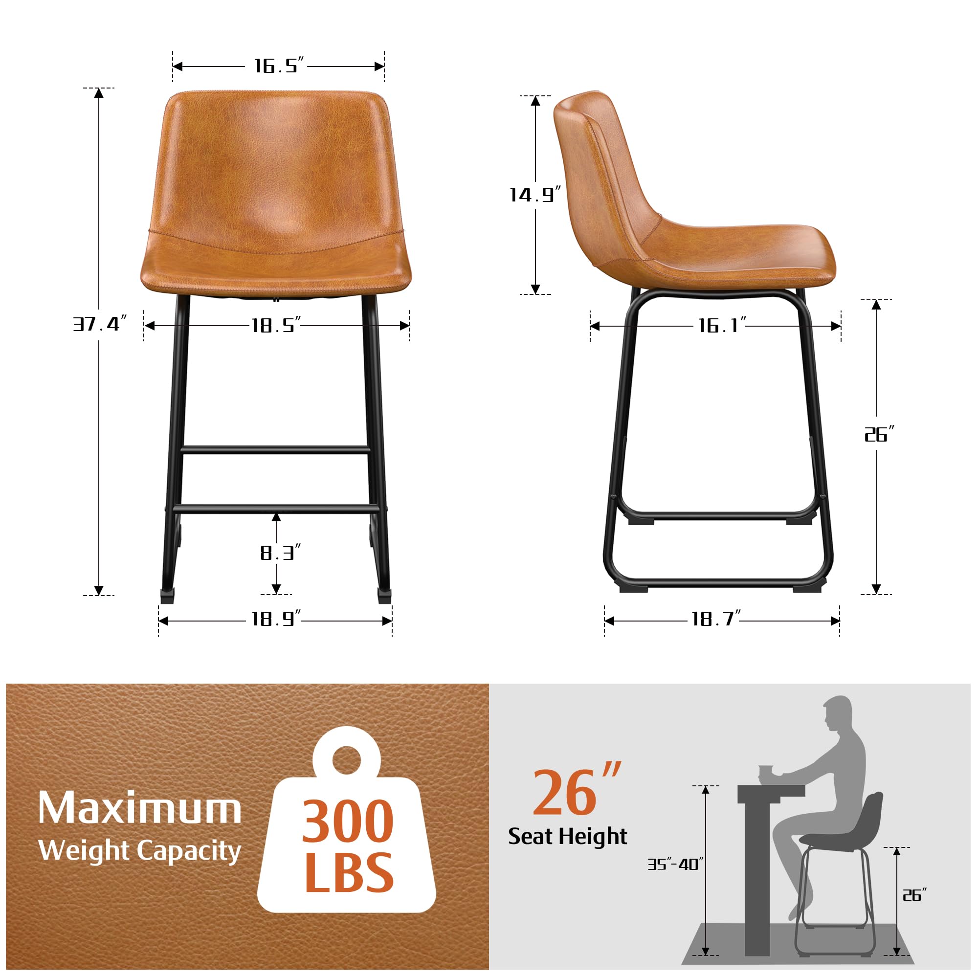 REONEY Bar Stools Set of 4, PU Leather Counter Height Bar Stools, 26" Modern Bar Stools with Metal Legs and Footrest, Urban Armless Dining Chairs with Backrest for Kitchen Island (Brown)