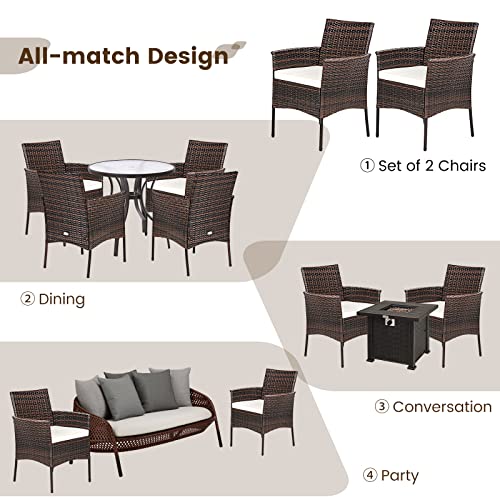 RELAX4LIFE Patio Dining Chairs Set of 2 PCS Wicker Armchairs with Comfortable Cushions for Deck, Garden, Lawn, Balcony, Backyard and Poolside Outdoor PE Rattan Fire Pit Chairs (2, Brown+Beige)