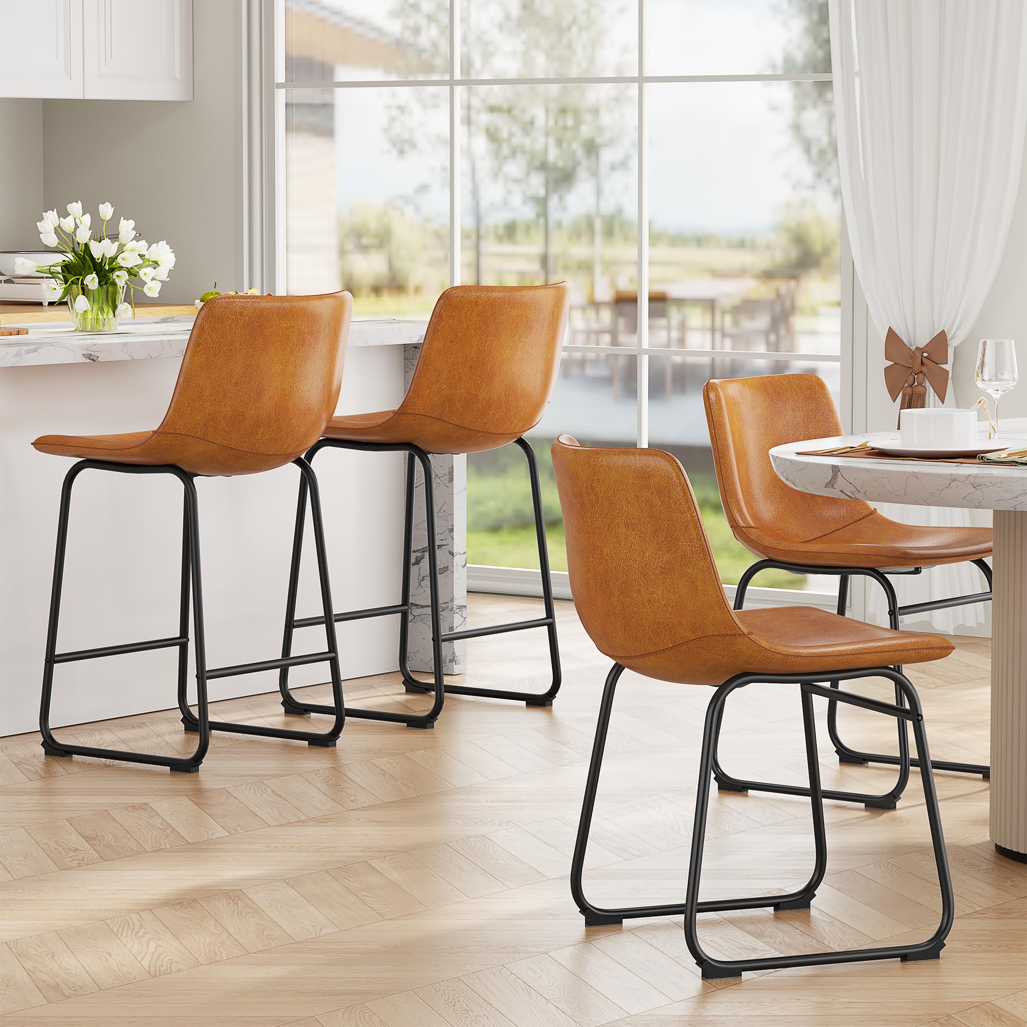 REONEY Bar Stools Set of 4, PU Leather Counter Height Bar Stools, 26" Modern Bar Stools with Metal Legs and Footrest, Urban Armless Dining Chairs with Backrest for Kitchen Island (Brown)