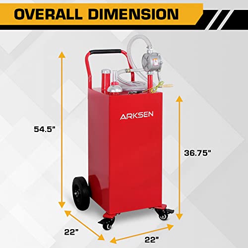 Arksen 35 Gallon Portable Gas Caddy Fuel Storage Tank Large Gasoline Diesel Can Hand Siphon Pump Rolling Flat-Free Solid Rubber Wheels Boat ATV Car Motorcycle