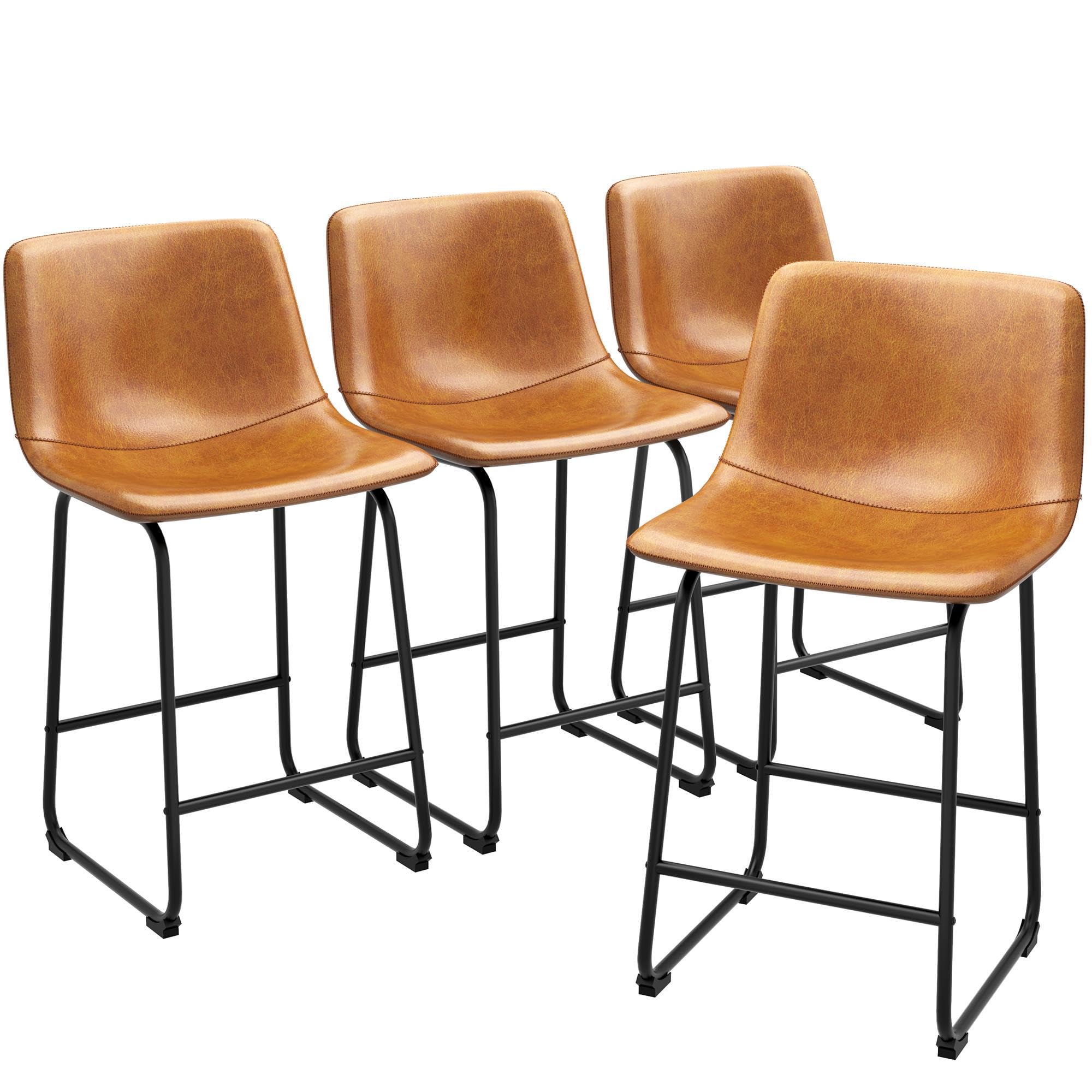 REONEY Bar Stools Set of 4, PU Leather Counter Height Bar Stools, 26" Modern Bar Stools with Metal Legs and Footrest, Urban Armless Dining Chairs with Backrest for Kitchen Island (Brown)