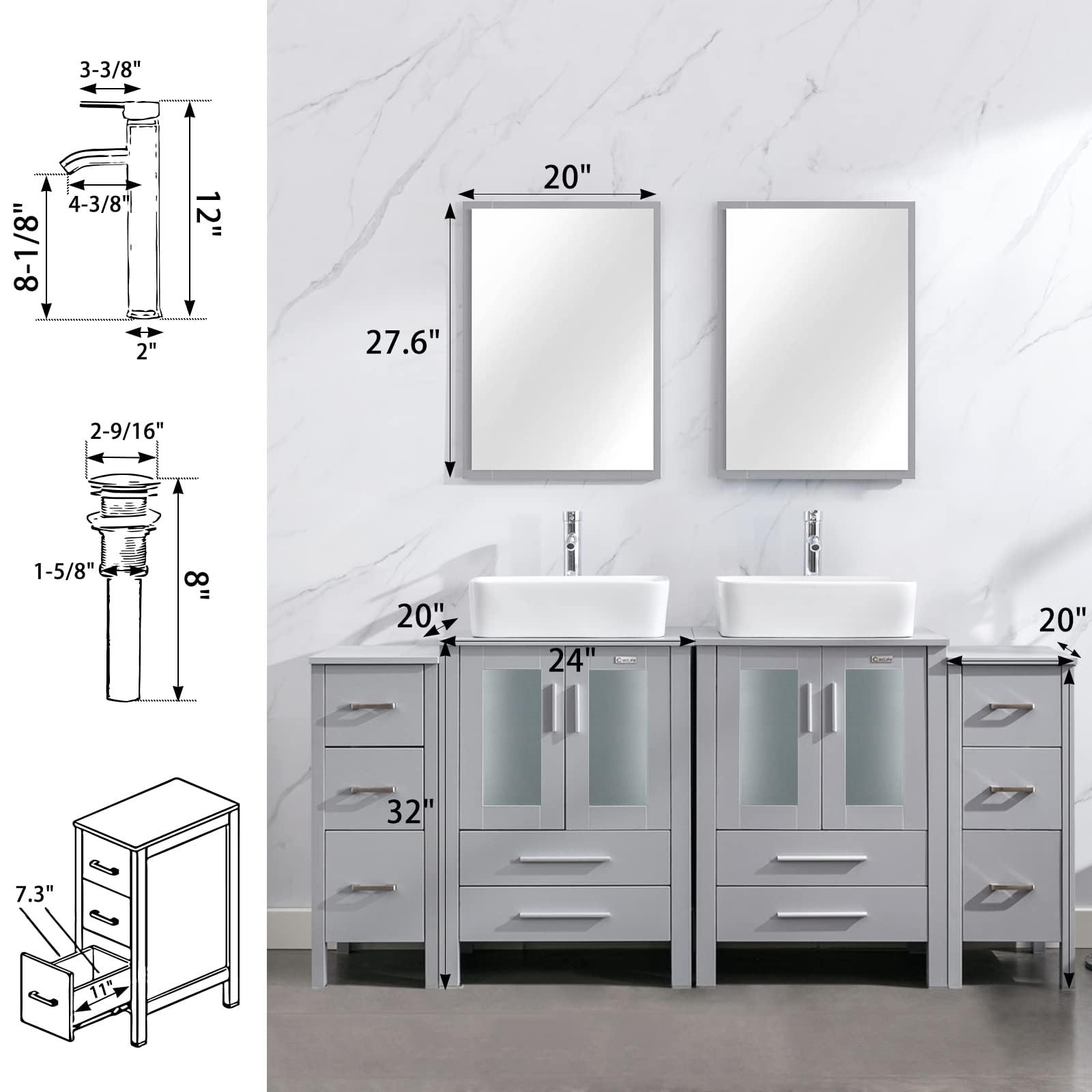 eclife 72" Modern Bathroom Vanity Sink Combo Gray W/Small Side Cabinets White Rectangle Ceramic Vessel Sink & Water Save Faucet & Pop Up Drain (2T03)