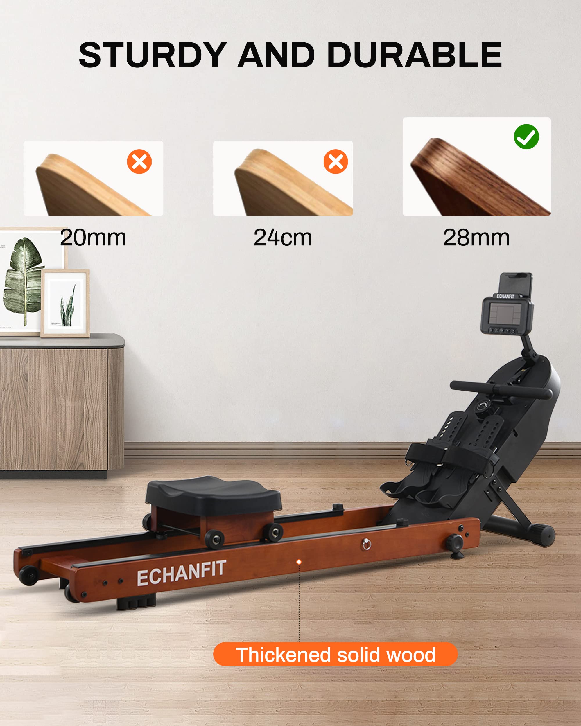 ECHANFIT Magnetic Wood Rowing Machine for Home Use with 16 Levels Adjustable Resistance, Foldable Rower with LCD Monitor, Tablet Holder and 350 LB Weight Capacity, No Assembly Required