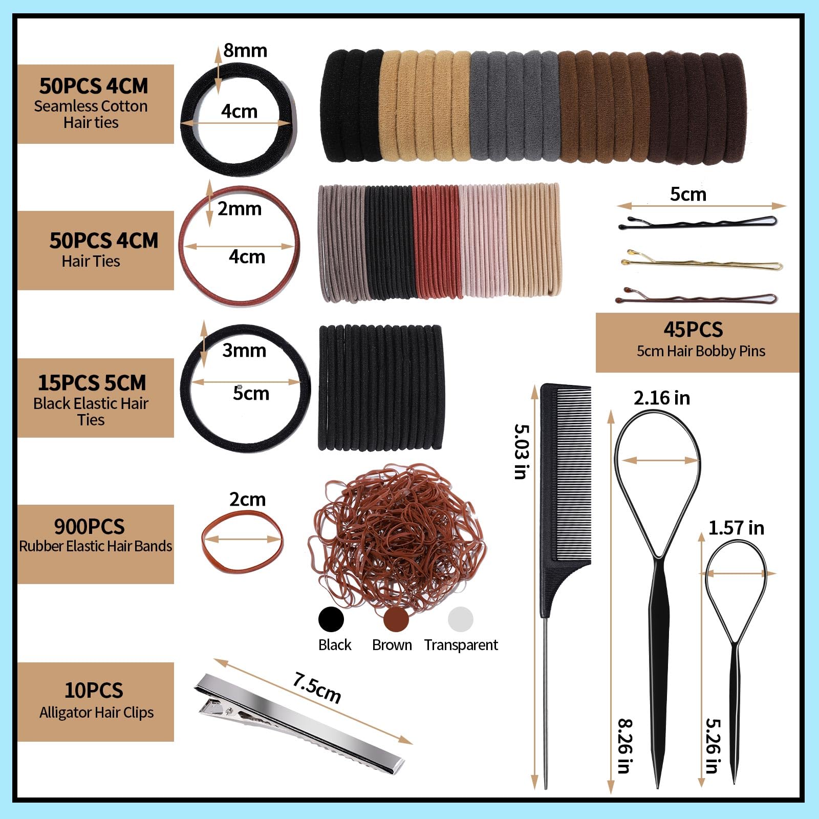 FANDAMEI Hair Accessories Kit - Elastic Hair Ties, Cotton Bands, Rubber Bands, Hair Pins, Rat Tail Comb for Women