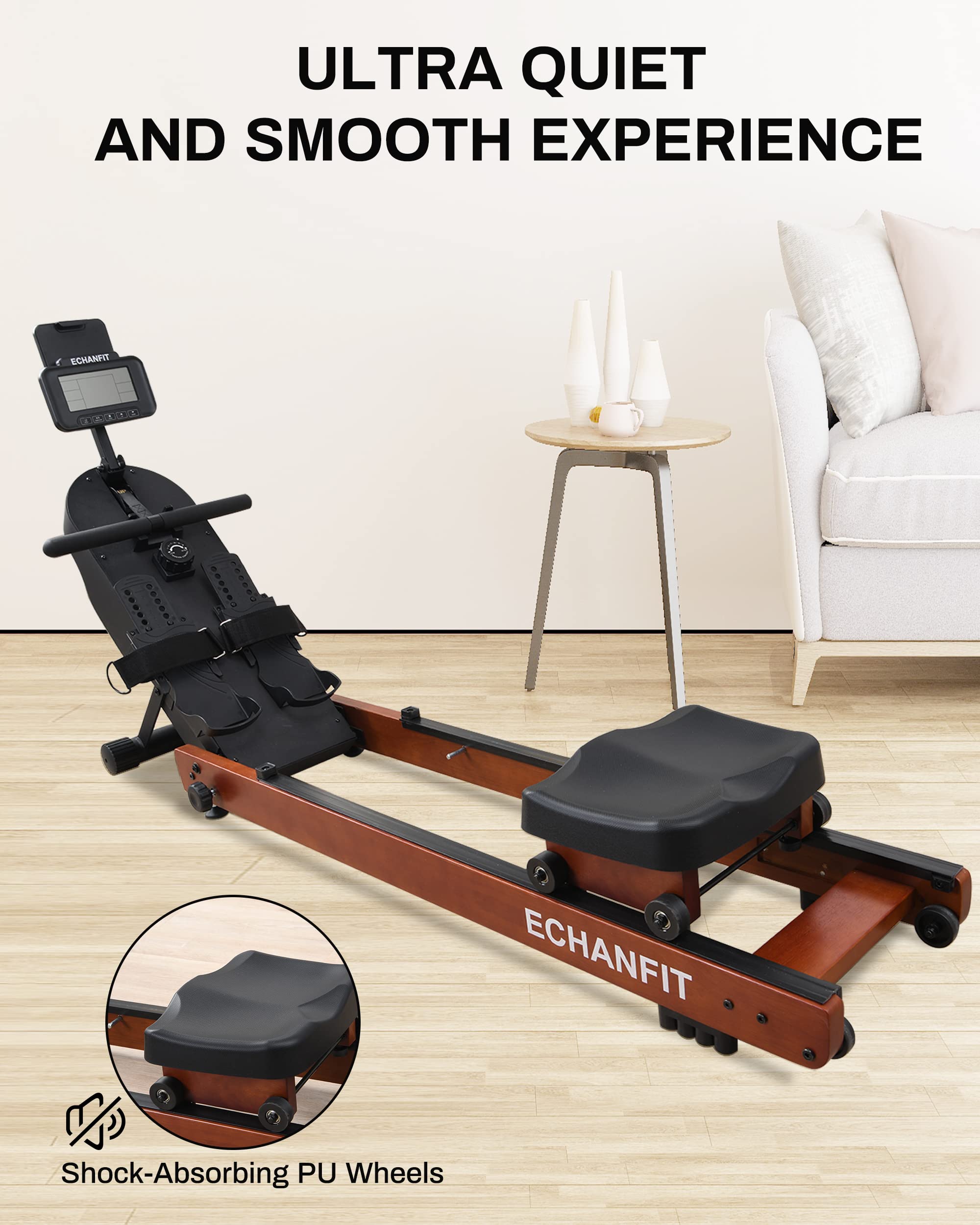 ECHANFIT Magnetic Wood Rowing Machine for Home Use with 16 Levels Adjustable Resistance, Foldable Rower with LCD Monitor, Tablet Holder and 350 LB Weight Capacity, No Assembly Required