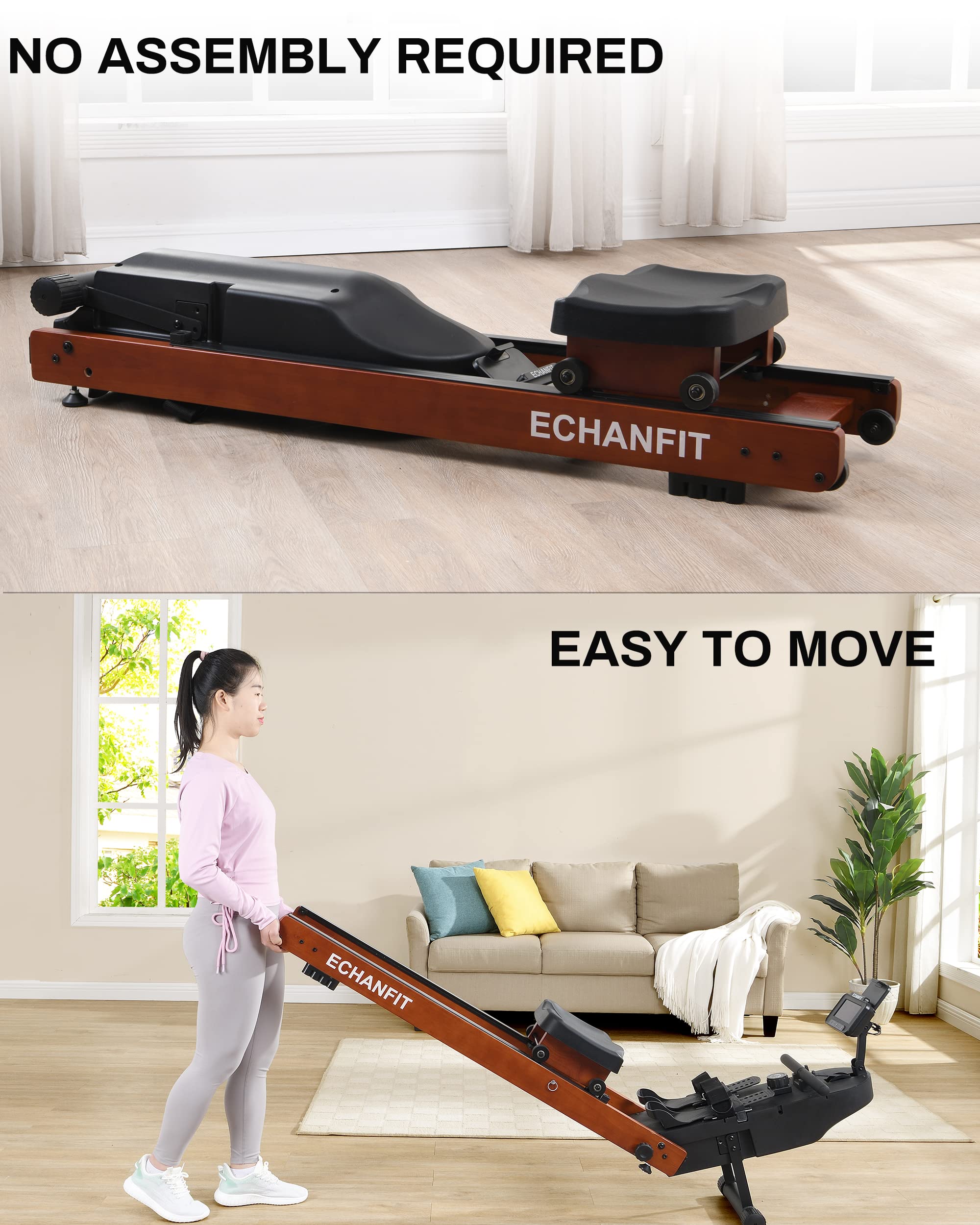 ECHANFIT Magnetic Wood Rowing Machine for Home Use with 16 Levels Adjustable Resistance, Foldable Rower with LCD Monitor, Tablet Holder and 350 LB Weight Capacity, No Assembly Required