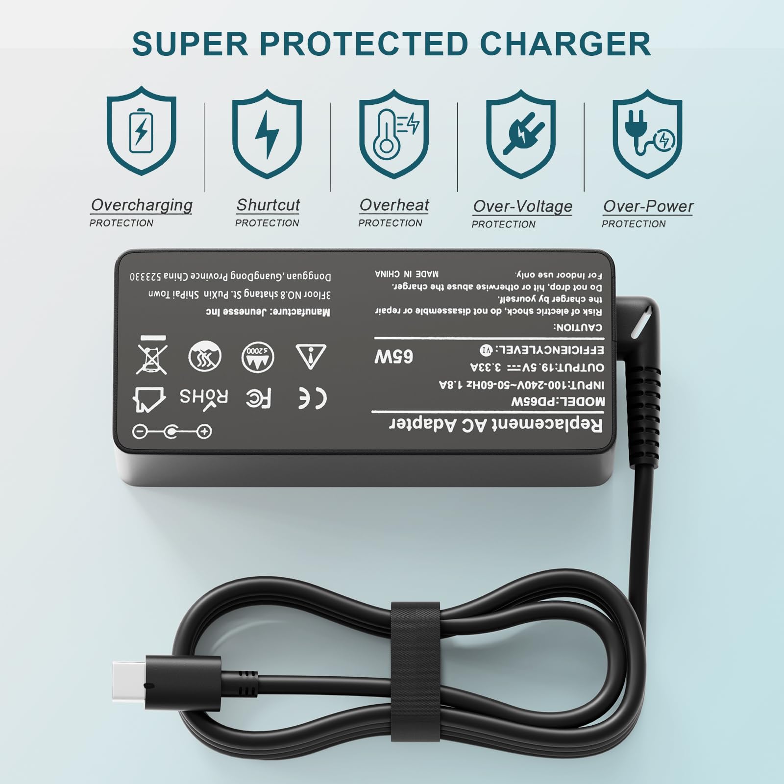 USB-C 65W 45W AC Replacement Charger fit for Lenovo ThinkPad T480 T490 T580 ADLX65YDC2A ADLX65YLC2D ADLX65YDC3A ADLX65YDC2D chromebook 2nd Gen S330 65W Laptop Power Supply Adapter Cord