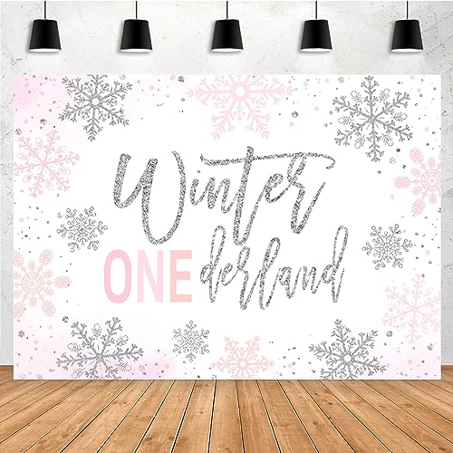 Aperturee 7x5ft Winter Onederland Backdrop 1st Christmas Birthday Snowflake Background Photography Newborn Baby Girl's First Bday Pink Silver Party Decoration Photo Booth Candy Table Decor Banner