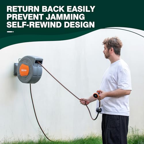 Retractable Garden Hose Reel Wall Mount, Nichro 1/2"×100ft Automatic Garden Hose Reel with Cover, 10 Pattern Hose Nozzle, Auto Rewind/Any Length Lock/Optional Installation Modes