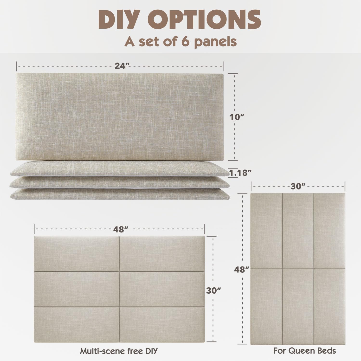 Upholstered Wall Mounted Headboard, 3D Wall Panels Peel and Stick Floating Headboard Full Size Headboard Only, Boho Dorm Tufted Bed Headboard in Beige (6 Panels, 10" x 24")