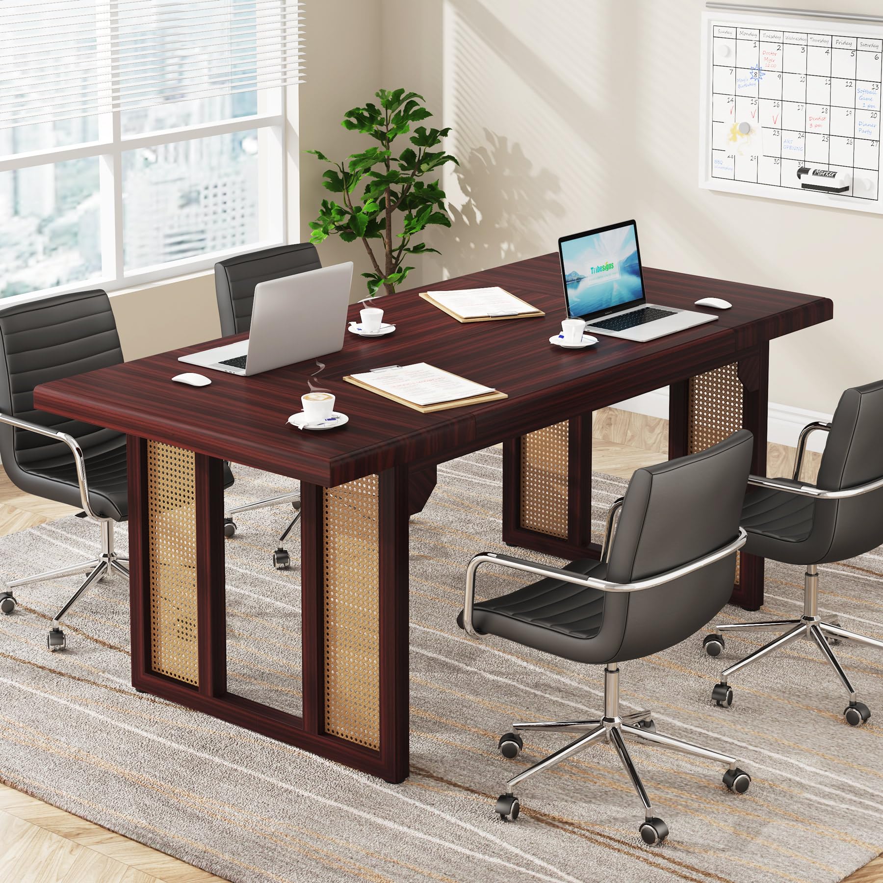Tribesigns 70.9 Inch Executive Desk, Large Office Computer Desk with Rattan & Metal Frame, Modern Simple Study Writing Table Workstation Desk for Home Office, Conference Meeting Room