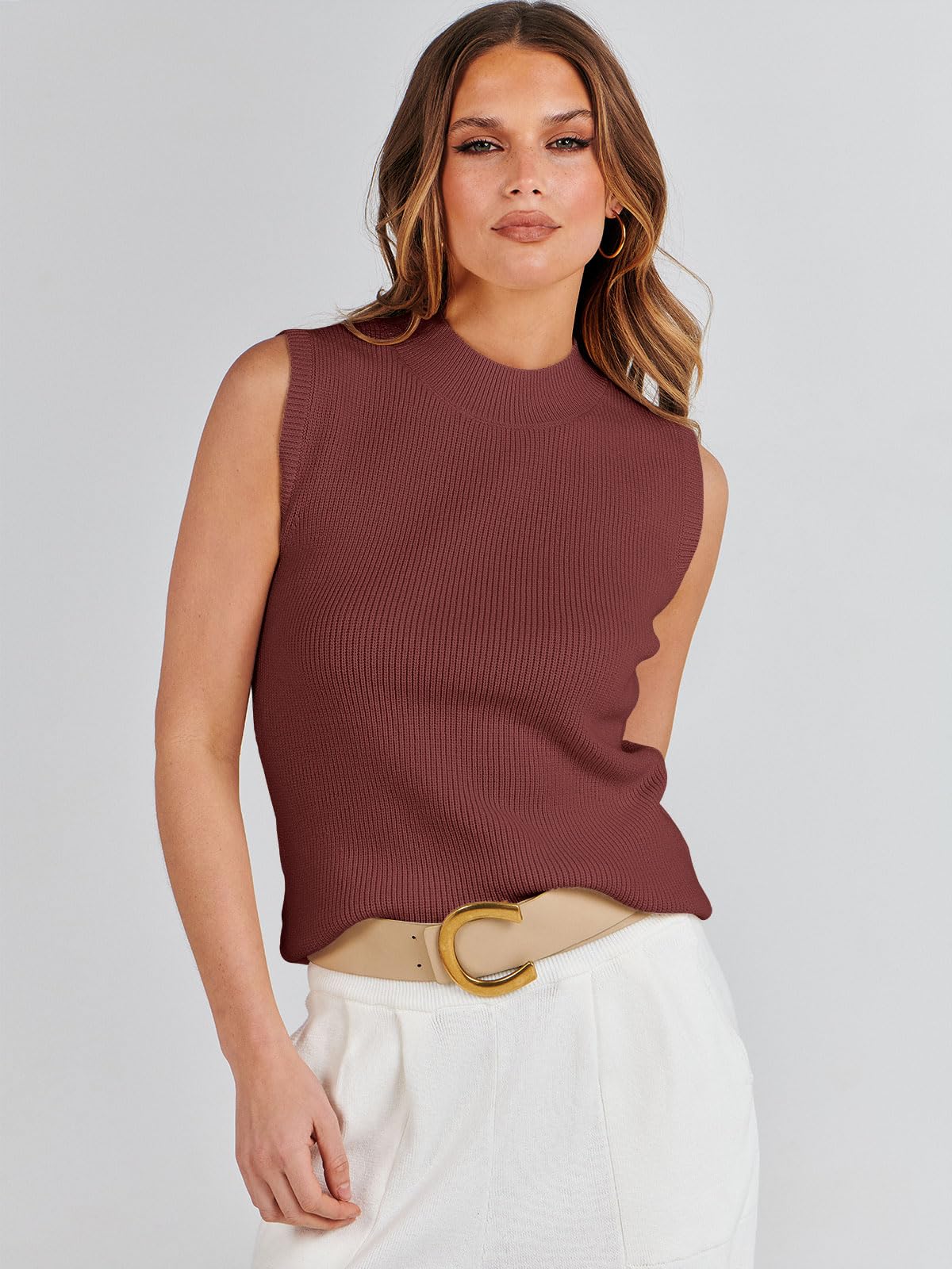 ANRABESS Womens Summer Sleeveless Tops Casual Mock Neck Loose Fit Knit Lightweight Sweater Pullover Top Maroon-XL
