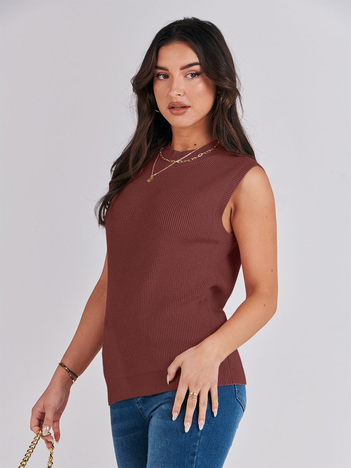 ANRABESS Womens Summer Sleeveless Tops Casual Mock Neck Loose Fit Knit Lightweight Sweater Pullover Top Maroon-XL
