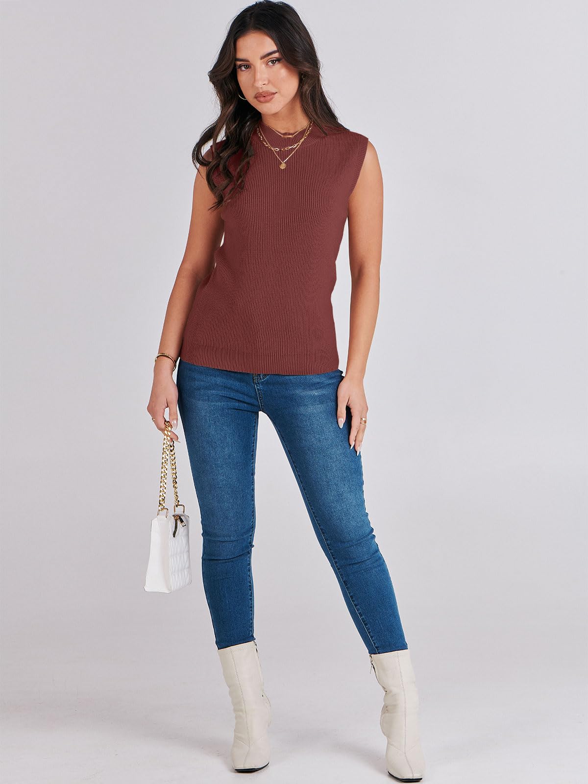 ANRABESS Womens Summer Sleeveless Tops Casual Mock Neck Loose Fit Knit Lightweight Sweater Pullover Top Maroon-XL