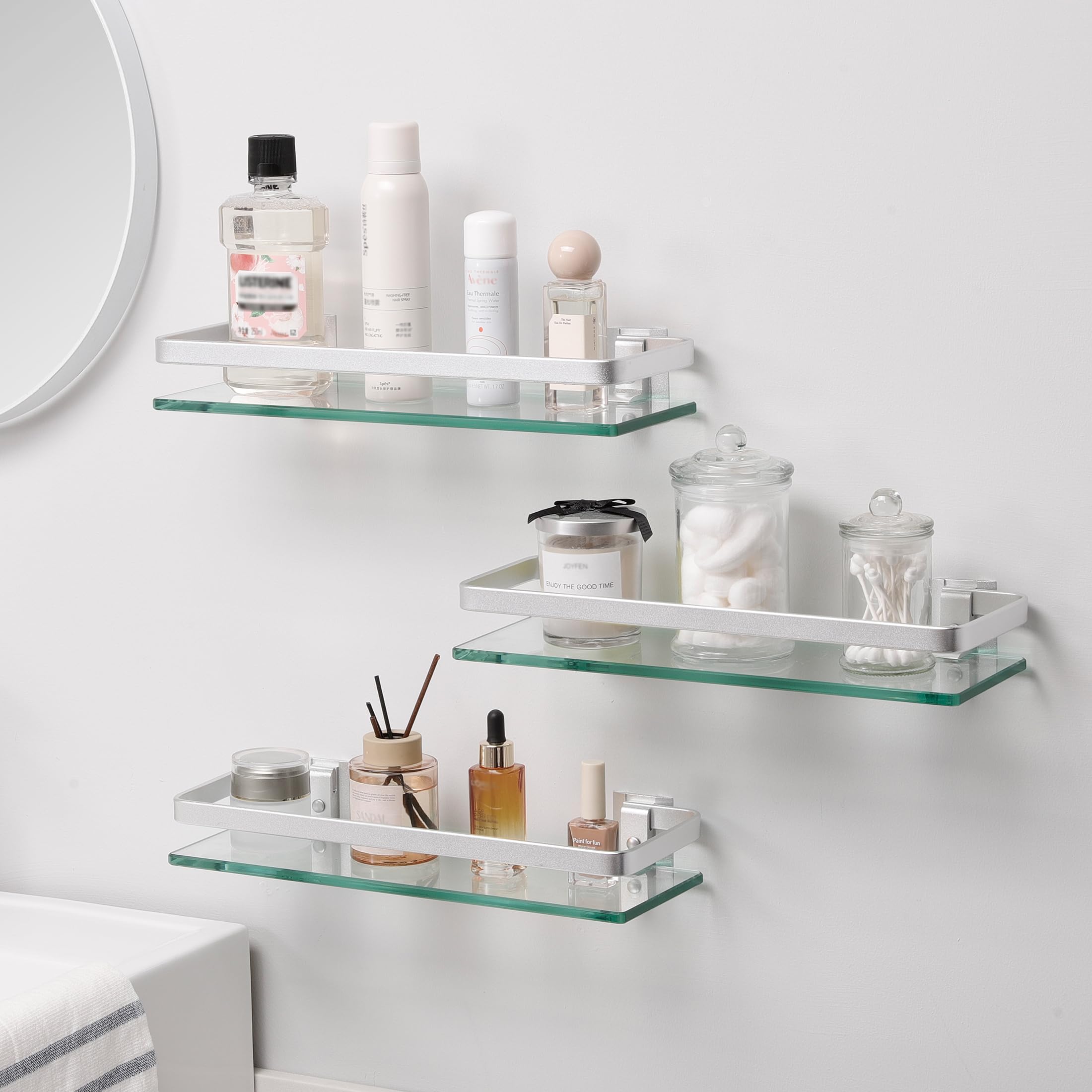 KES Glass Shelf for Bathroom, Glass Bathroom Shelf Floating Glass Shelf for Wall Aluminum Extra Thick 8MM Tempered Glass Shelf 3 Pack 1 Tier Rectangular Wall Mount Silver,A4126A-P3
