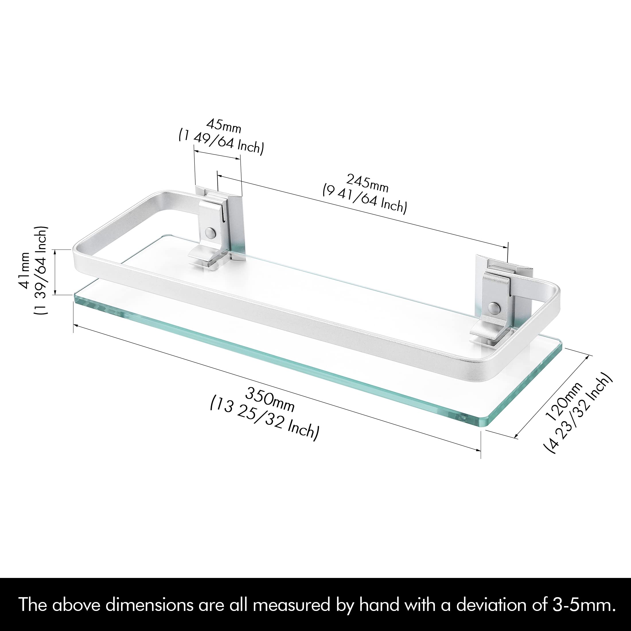 KES Glass Shelf for Bathroom, Glass Bathroom Shelf Floating Glass Shelf for Wall Aluminum Extra Thick 8MM Tempered Glass Shelf 3 Pack 1 Tier Rectangular Wall Mount Silver,A4126A-P3