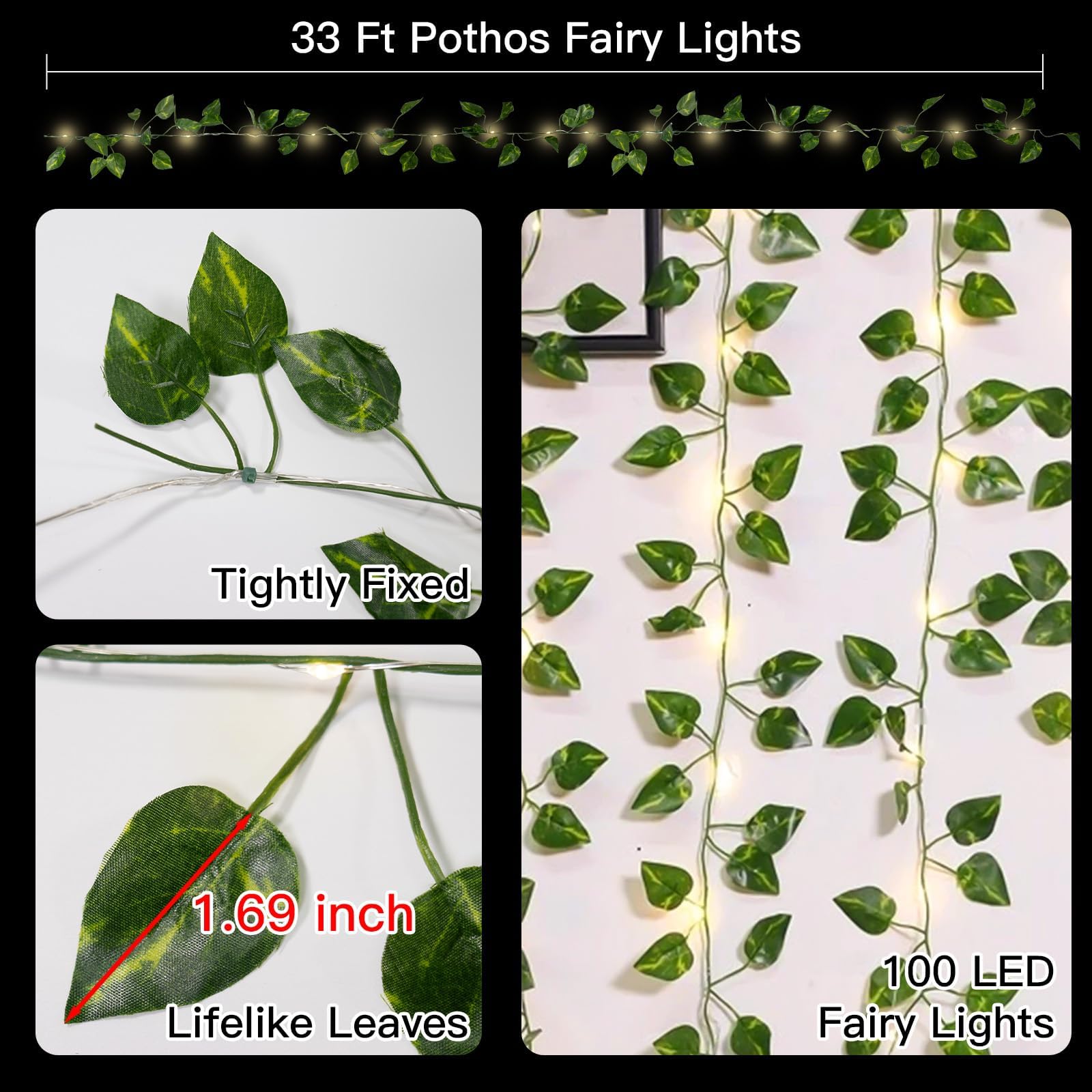 suddus Vine with Fairy Lights Battery Operated, 33ft100 LED Pothos String Lights with Remote, Leaf Lights for Bedroom, Room, Wall, Garden, Party, Wedding Decor(Warm White)