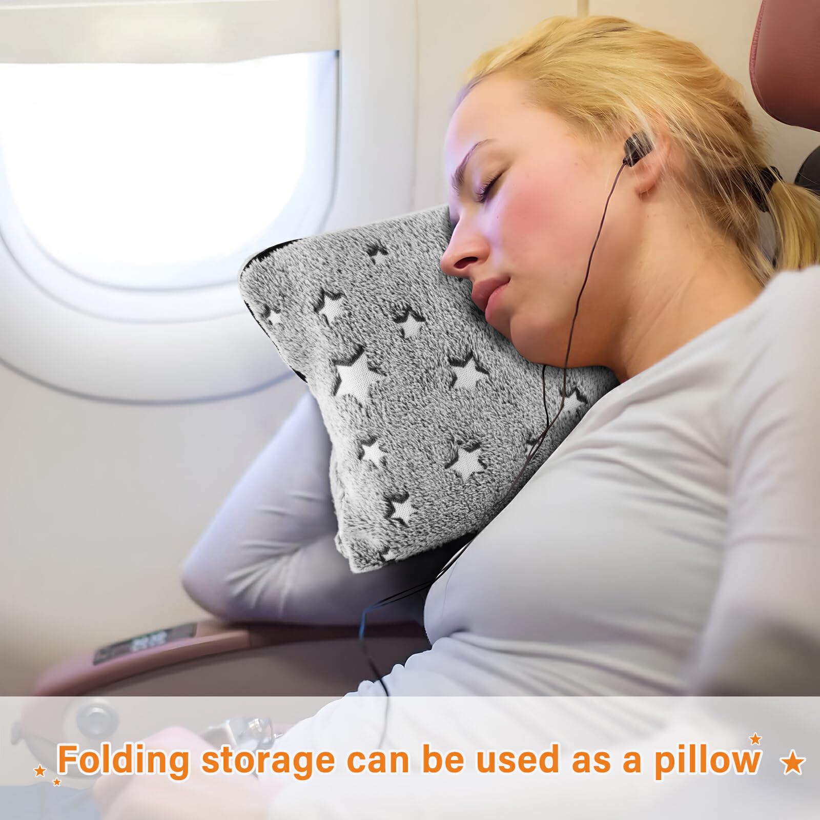 Shing Stars Travel Blanket Pillow for Long Plane Flight Soft Airplane Blanket with Soft Bag Pillowcase Travel Essentials for Home Office Camping Adults Car Train Bus