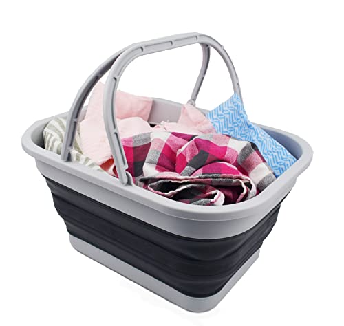 SAMMART 19L (5 Gallons) Collapsible Tub with Handle - Portable Outdoor Picnic Basket/Crater - Foldable Shopping Bag - Space Saving Storage Container (Grey/Slate Grey)