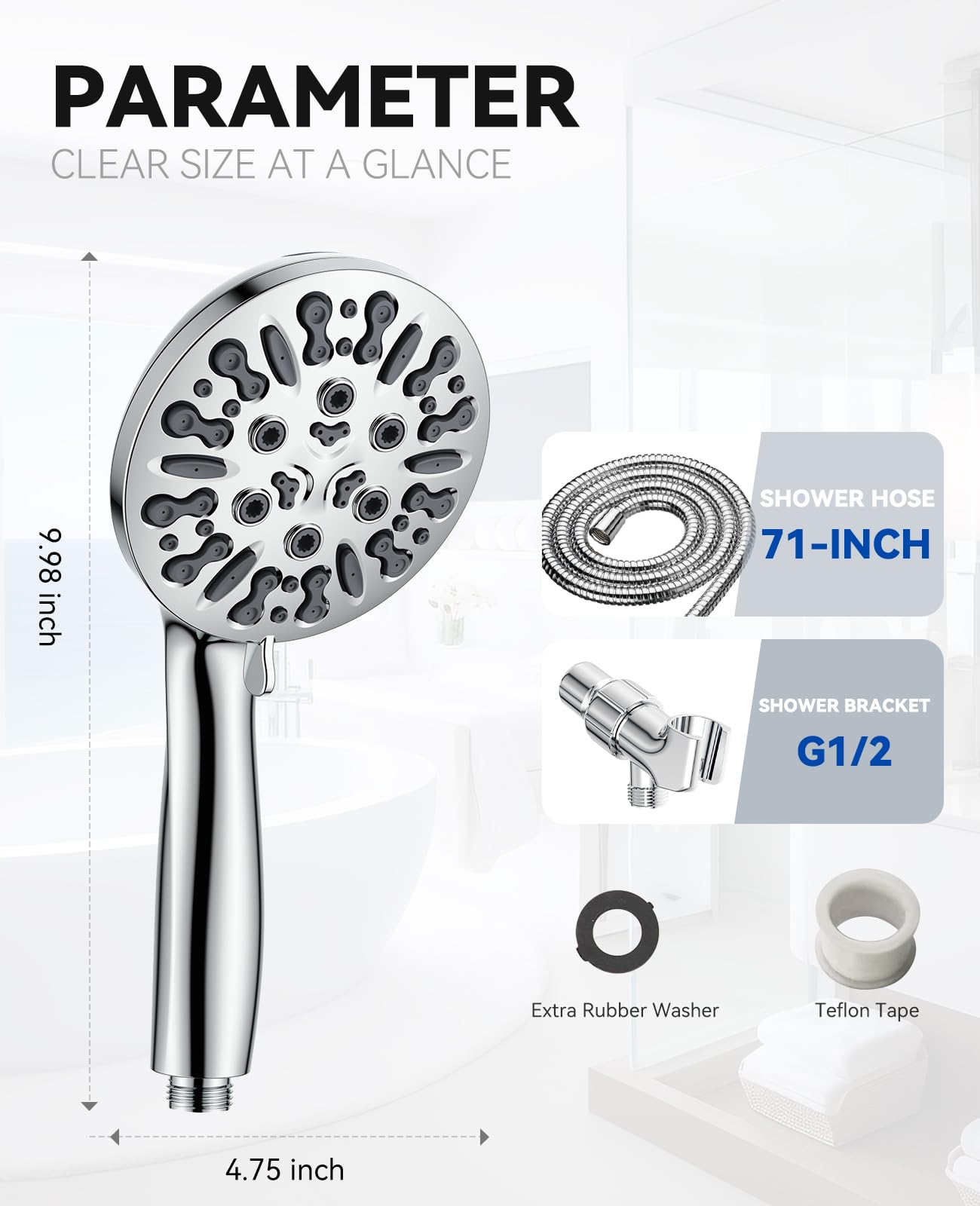 JDO Shower Head with Handheld, High Pressure Handheld Shower Head 9 Settings, Detachable Shower Head Set with Stainless Steel Hose and Shower Bracket (Chrome)