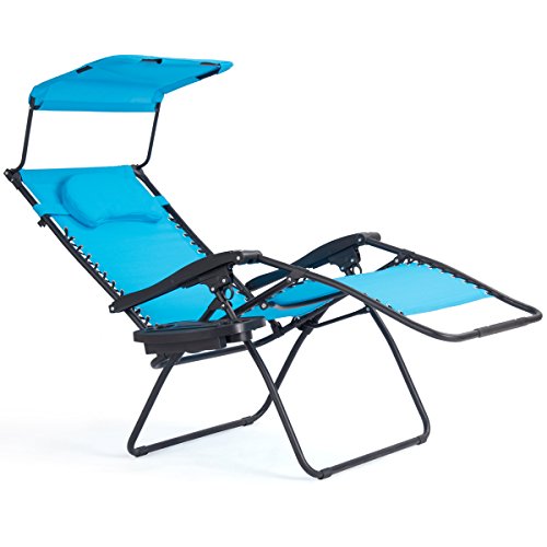 Goplus Zero Gravity Chairs, X-Large Folding Lounge Lawn Chair w/Canopy Shade & Cup Holder, Adjustable Folding Patio Recliner for Pool Porch Deck Oversize (Blue)