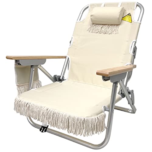 EasyGoProducts Tassel Backpack Beach Chair 5 Positions and Cup Holder Pouch on Side-Padded Pillow-Storage Bag on Back β Lightweight Rustproof Aluminum β Black Frame, 1 Pack TAN