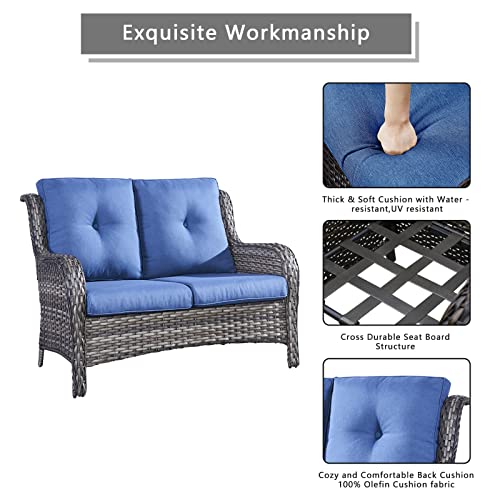 Rilyson Outdoor Loveseat Wicker Patio Sofa - 2-Seat Rattan Outdoor Couch Patio Furniture with Deep Seating and Cushions for Porch Deck Balcony(Mixed Grey/Blue)