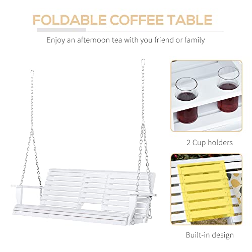 Outsunny 3-Seater Wooden Porch Swing, Patio Swing Bench with Folding Coffee Table, Cup Holders and Chains Included, 440lbs Weight Capacity, White