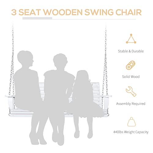 Outsunny 3-Seater Wooden Porch Swing, Patio Swing Bench with Folding Coffee Table, Cup Holders and Chains Included, 440lbs Weight Capacity, White