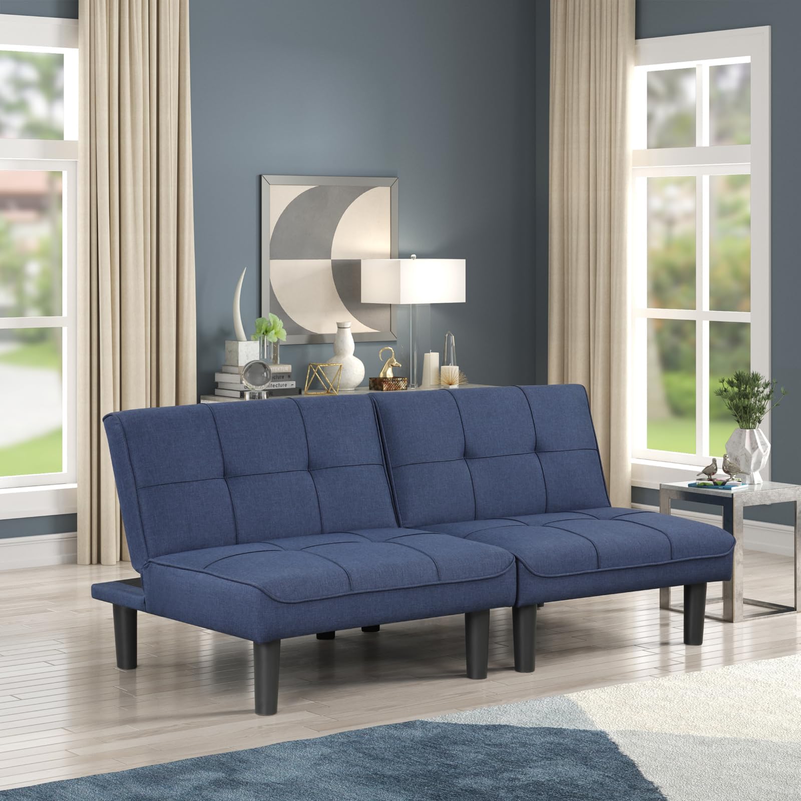 KAIRUITUCH 3-in-1 Convertible Futon Sofa Bed Twin, Loveseat Futon Couch Daybed with Folding Adjustable Backless, 2 Piece Small Futon Couch Chairs for Living Room, Apartment, Blue Fabric 306BL1-2PCS