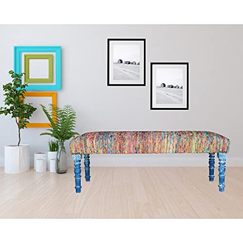 LR Home Colorful Chindi Blue Legs Bench, 1'6" x 3'11" x 1'4", Multi