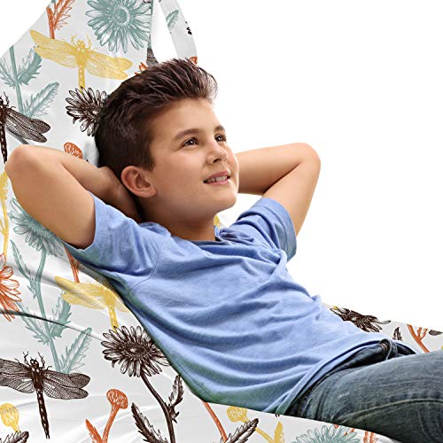 Ambesonne Dragonfly Lounger Chair Bag, Nostalgic Style Repetition of Hand Drawn Floral Elements Sketch Art, High Capacity Storage with Handle Container, Lounger Size, White and Multicolor