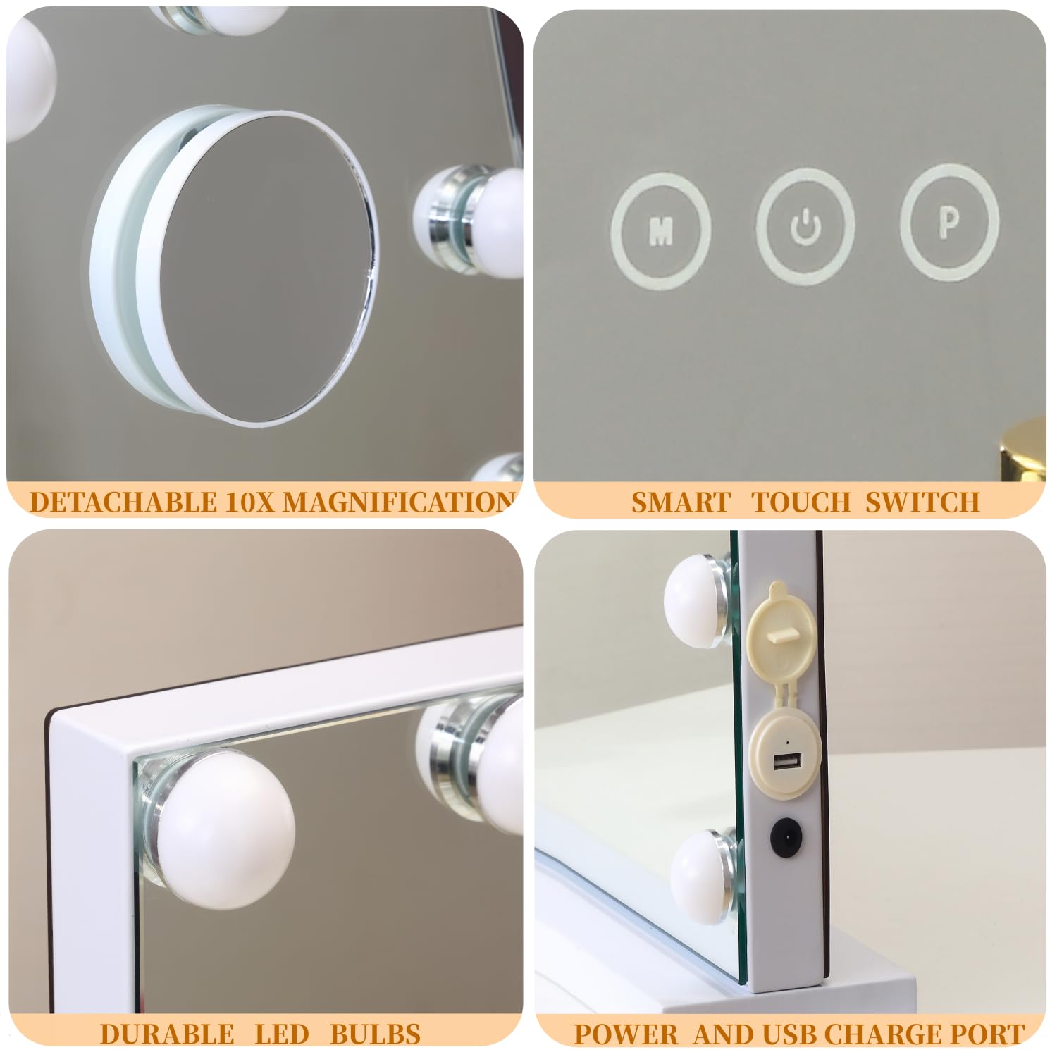 Vanity Mirror with Lights,Lighted Vanity Mirror with 15 Dimmable Bulbs for Dressing Room & Bedroom,3 Color Lighting,Modes Detachable 10x Magnification 360°Ratation (Off White-15 Bulbs)