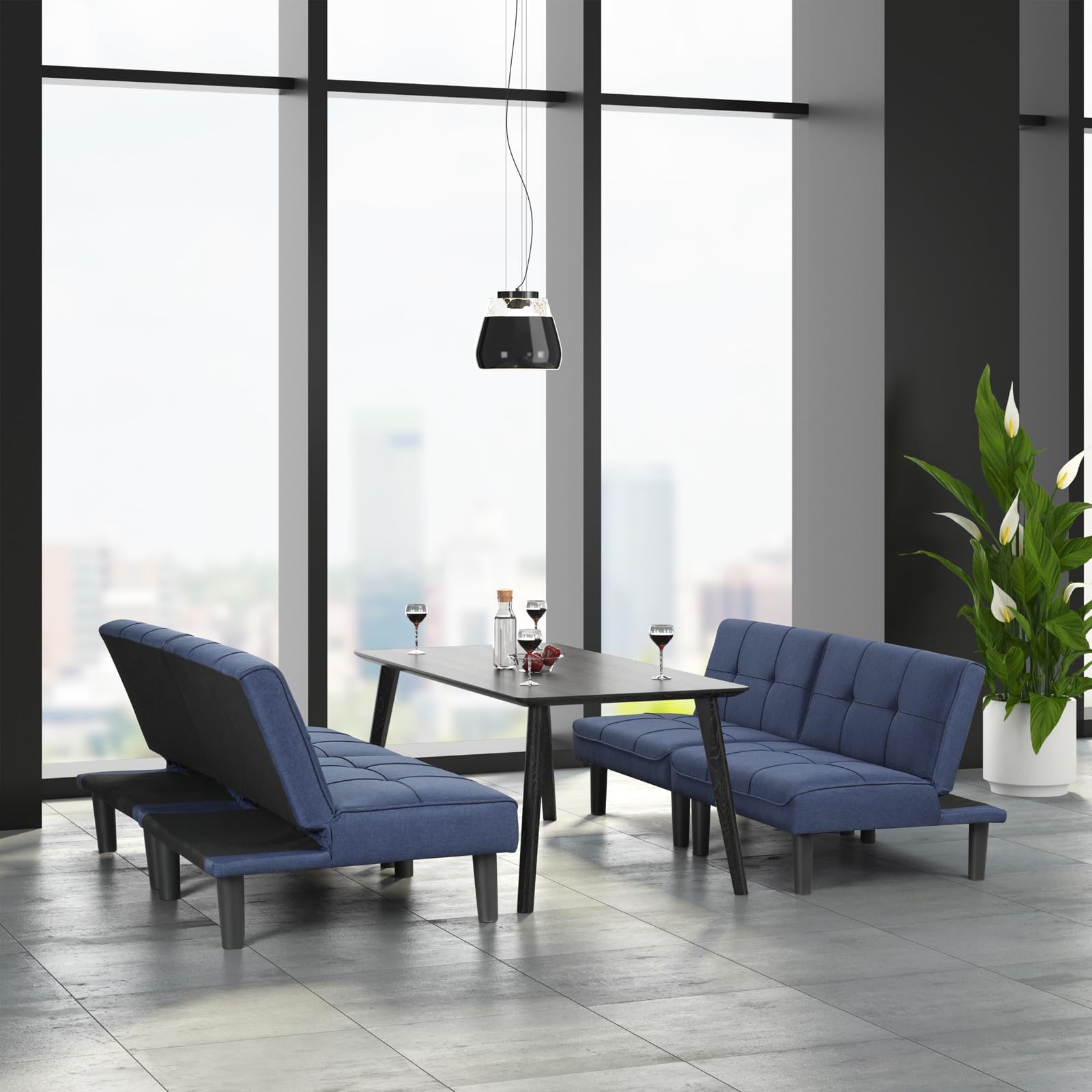 KAIRUITUCH 3-in-1 Convertible Futon Sofa Bed Twin, Loveseat Futon Couch Daybed with Folding Adjustable Backless, 2 Piece Small Futon Couch Chairs for Living Room, Apartment, Blue Fabric 306BL1-2PCS