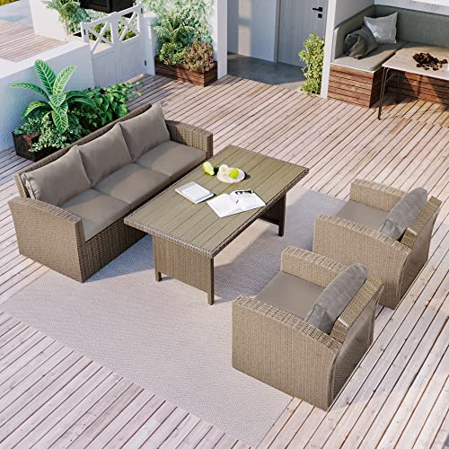DHPM 4 Piece Patio PE Rattan Wicker C, Outdoor Sectional Conversation Furniture Chair Set Table, 3 Sofa with Cushions, 5 Seats for Garden, Poolside, Backyard, Gray