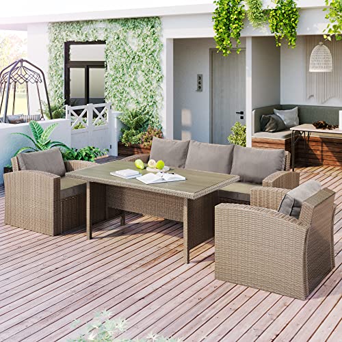 DHPM 4 Piece Patio PE Rattan Wicker C, Outdoor Sectional Conversation Furniture Chair Set Table, 3 Sofa with Cushions, 5 Seats for Garden, Poolside, Backyard, Gray