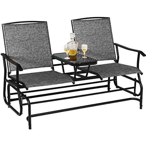 S AFSTAR Patio Glider Bench, 2-Person Outdoor Glider Chair with Center Table, Double Rocking Chair Loveseat for Patio Backyard Poolside Lawn (Grey)