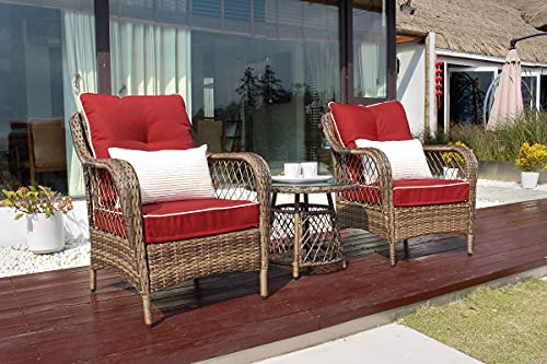 N&V Outdoor Chairs Set Bistro Set 3 Pieces Patio Conversation Set Furniture Set for Balcony Rattan Chairs and Table with Cushions Beige Red Green (RED)