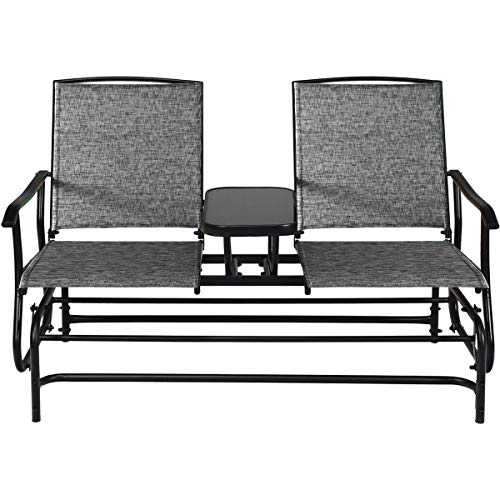 S AFSTAR Patio Glider Bench, 2-Person Outdoor Glider Chair with Center Table, Double Rocking Chair Loveseat for Patio Backyard Poolside Lawn (Grey)