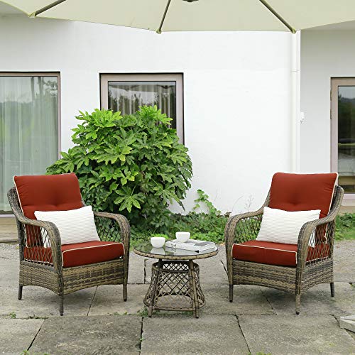 N&V Outdoor Chairs Set Bistro Set 3 Pieces Patio Conversation Set Furniture Set for Balcony Rattan Chairs and Table with Cushions Beige Red Green (RED)