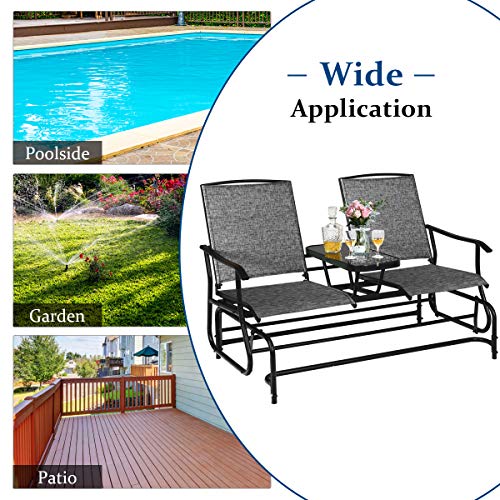 S AFSTAR Patio Glider Bench, 2-Person Outdoor Glider Chair with Center Table, Double Rocking Chair Loveseat for Patio Backyard Poolside Lawn (Grey)