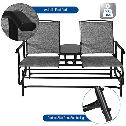 S AFSTAR Patio Glider Bench, 2-Person Outdoor Glider Chair with Center Table, Double Rocking Chair Loveseat for Patio Backyard Poolside Lawn (Grey)