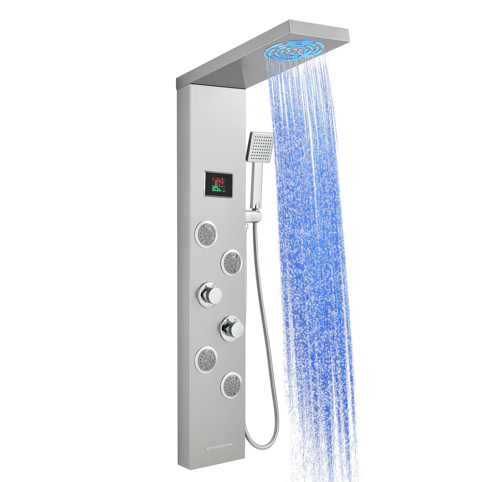OUGOO Shower Panel System with LED Lights Rainfall Mist Shower, Body Jets, Handheld and Tub Spout, Shower Tower Column with Temp Display No Battery Needed, 304 Stainless Steel Brushed