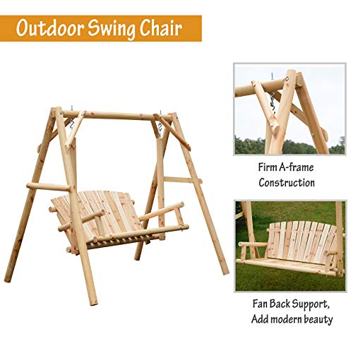 Outsunny 2-Seat Porch Swing with Stand, Wooden Patio Swing Chair Bench, for Garden, Poolside, Backyard, Natural