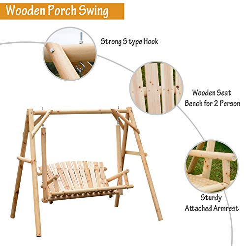 Outsunny 2-Seat Porch Swing with Stand, Wooden Patio Swing Chair Bench, for Garden, Poolside, Backyard, Natural