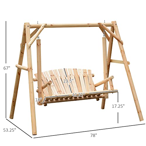 Outsunny 2-Seat Porch Swing with Stand, Wooden Patio Swing Chair Bench, for Garden, Poolside, Backyard, Natural