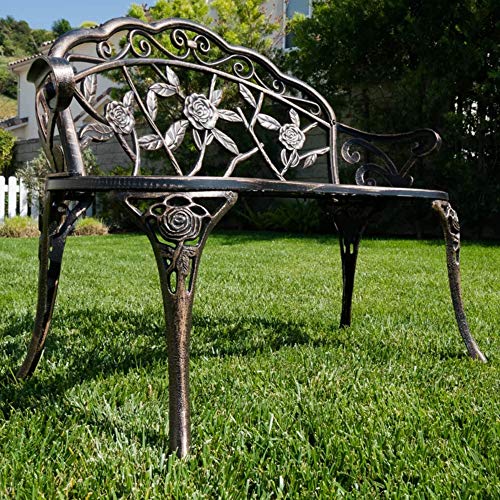 Payhere Garden Benches for Outdoor, 39.7 in Antique Designed Metal Rose Carving Front Porch Bench, Cast Iron Cast Bronze Frame Antique Finish, Durable Patio Park Decor Leisure Bench for 2 Person Seat