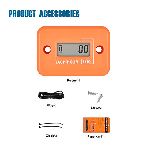 Runleader Digital Mini Tach Hour Meter,TOT Hours Accumulate,Real-time RPM Display,Battery Operation for ZTR Lawn Mower Tractor Generator Outboard ATV Chainsaw Marine Snowblower. (Orange)