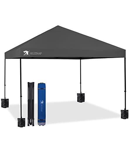 KUZNAP 12âx12â Pop up Canopy Tent Patented EZ Set up Instant Outdoor Canopy with Wheeled Carry Bag Bonus 4 Weight Sandbags, 8 Stakes and 4 Ropesďź Grey